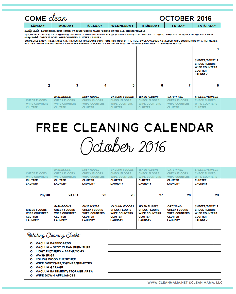 Free cleaning calendar october 2016 clean mama Organizing Moms Free cleaning calendar october 2016 clean mama Organizing Moms